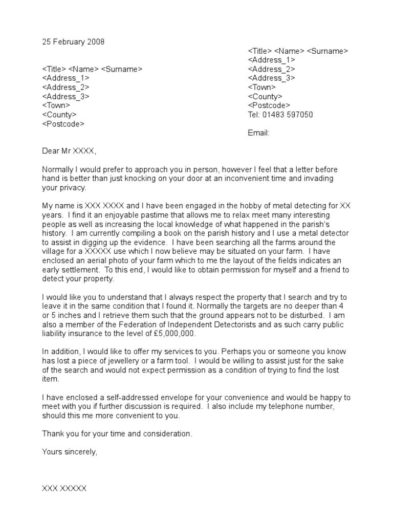 Metal Detecting Permission Request Letter | PDF