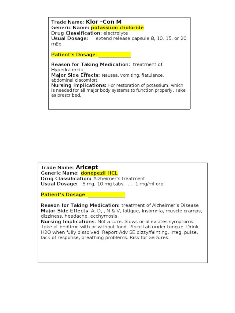 Drug Cards For Aricept, Synthyroid, Flomax, Klor-Con M, Diphenoxylate ...