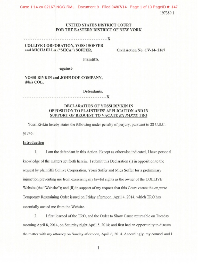 Declaration of Yossi Rivkin | PDF | Law | Technology & Engineering