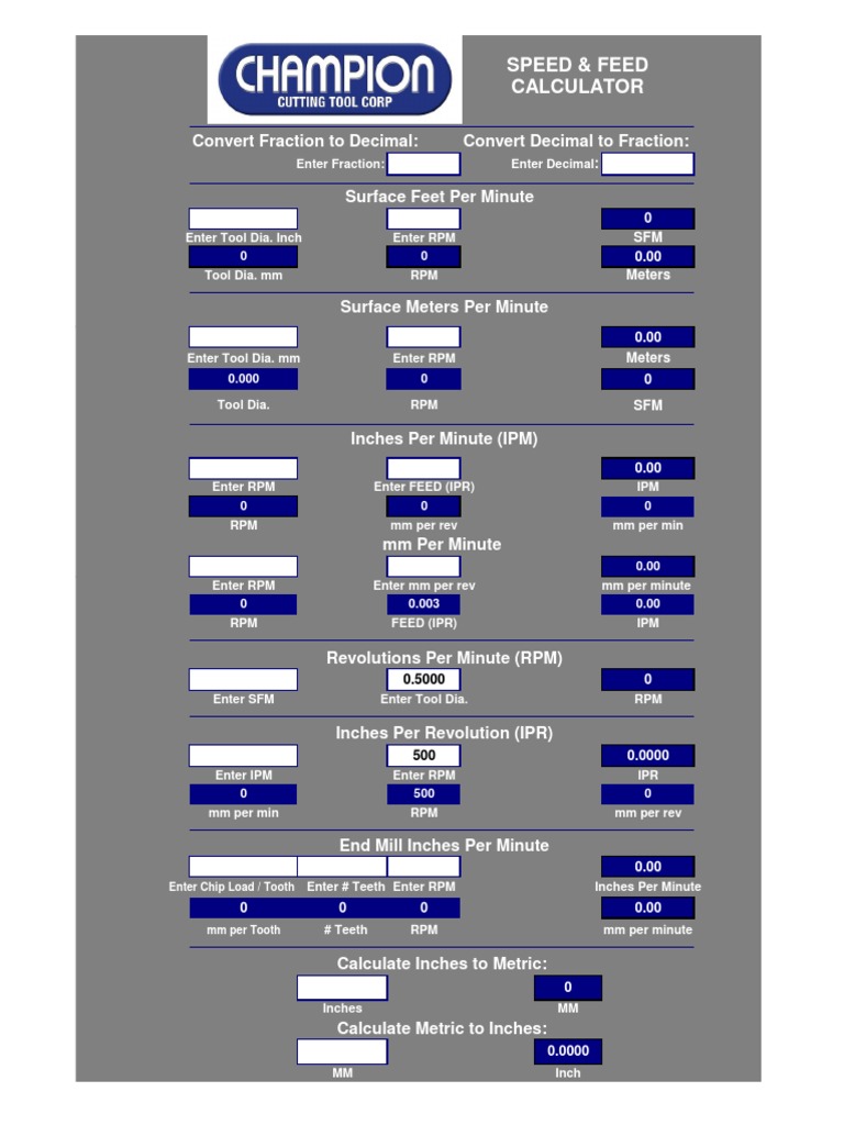 Speed & Feed Calculator: Enter Chip Load / Tooth | PDF