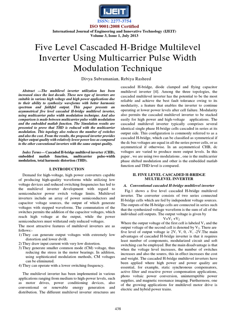 Five Level Cascaded H-Bridge Multilevel Inverter Using Multicarrier Pulse Width Modulation ...