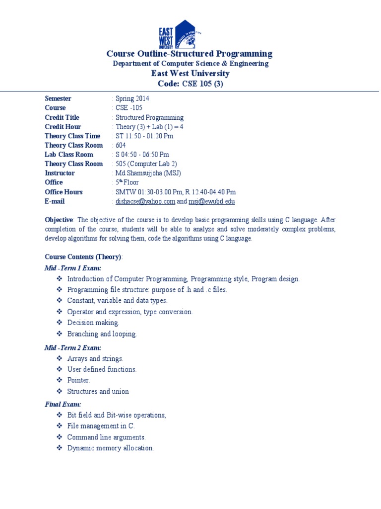 0 Course Outline Cse 105 3 C Programming Language Areas Of Computer Science