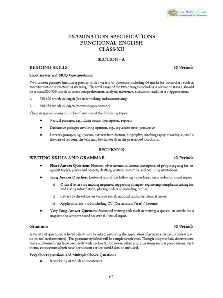 CBSE Class 12 Syllabus for English Functional 2014-2015 | Reading ...