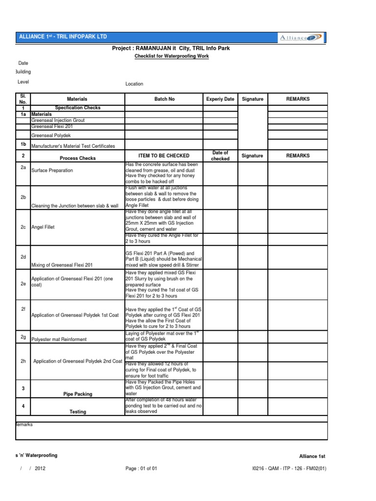 Waterproofing Inspection Checklist Pdf Science Mathematics