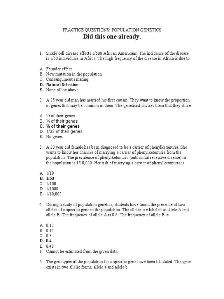 Practice Questions - Population Genetics | PDF