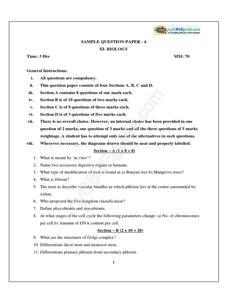 CBSE Class 11 Biology Sample Paper-04 (Solved) | PDF | Ventricle (Heart ...