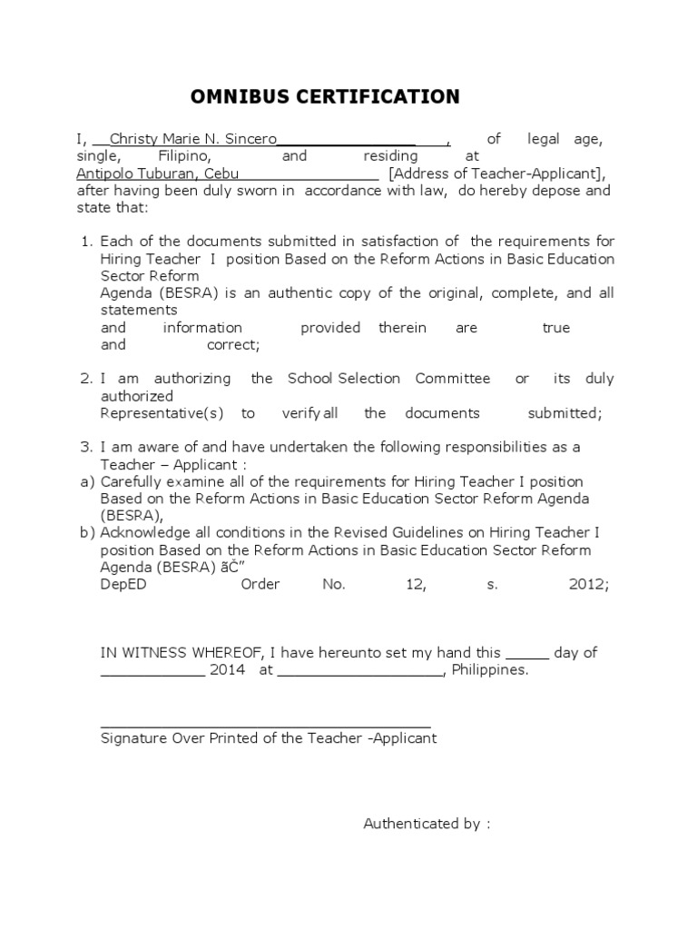 Omnibus Certification | PDF