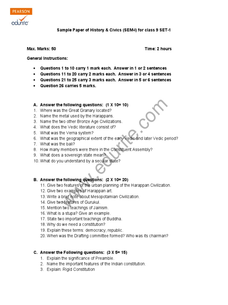 Class 9 Cbse History Civics Sample Paper Term 1 Model 1 | PDF
