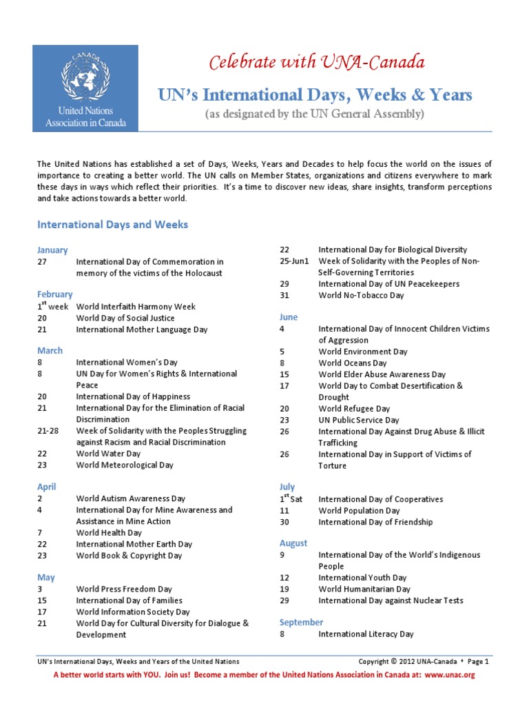 International Days Years List | PDF | United Nations | International ...