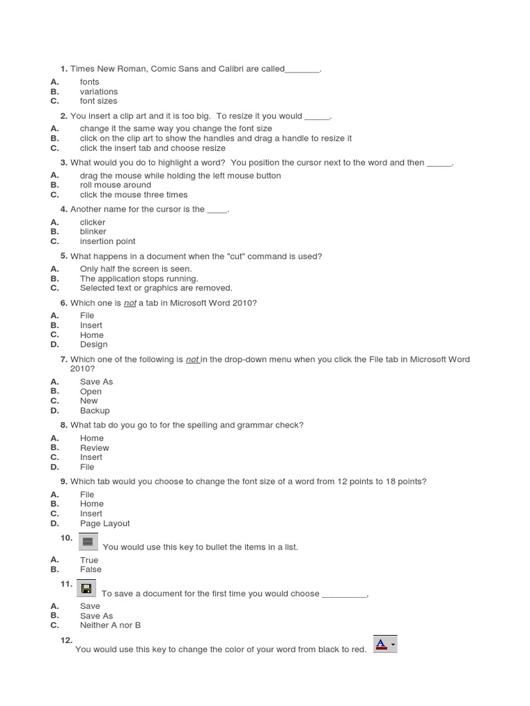 Microsoft Word Quiz: Fonts, Formatting and Functions | PDF | Microsoft ...