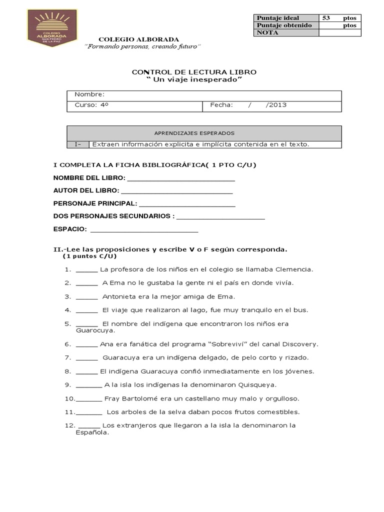 Control de Lectura: "Un Viaje Inesperado" | PDF