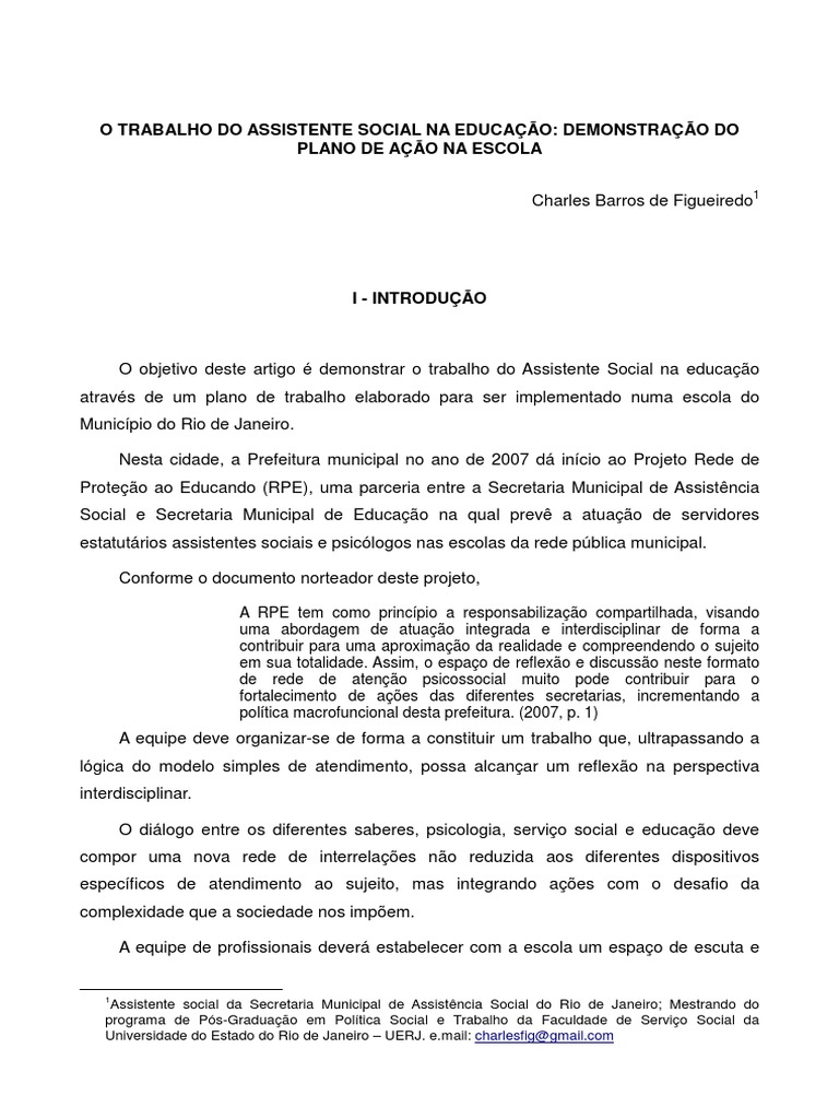 Plano de Ação do Assistente Social na Educação | PDF | Trabalho social ...