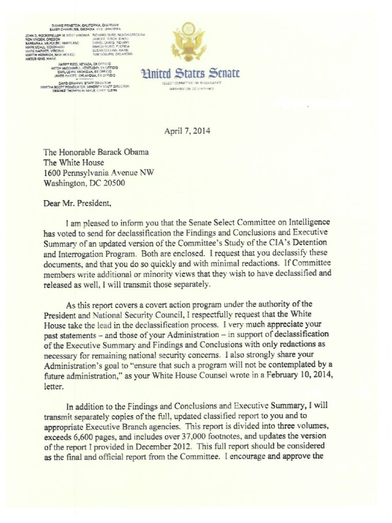 Letter To President Obama Re Declassification of The SSCI's Study of ...