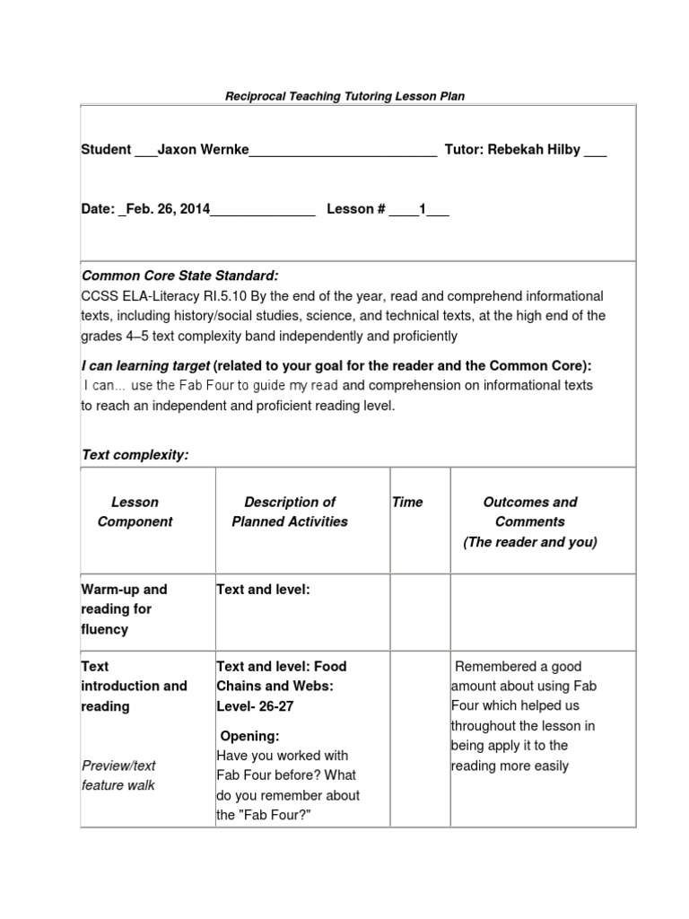 Reciprocal Teaching Tutoring Lesson Plan 1 | PDF | Cognition | Learning