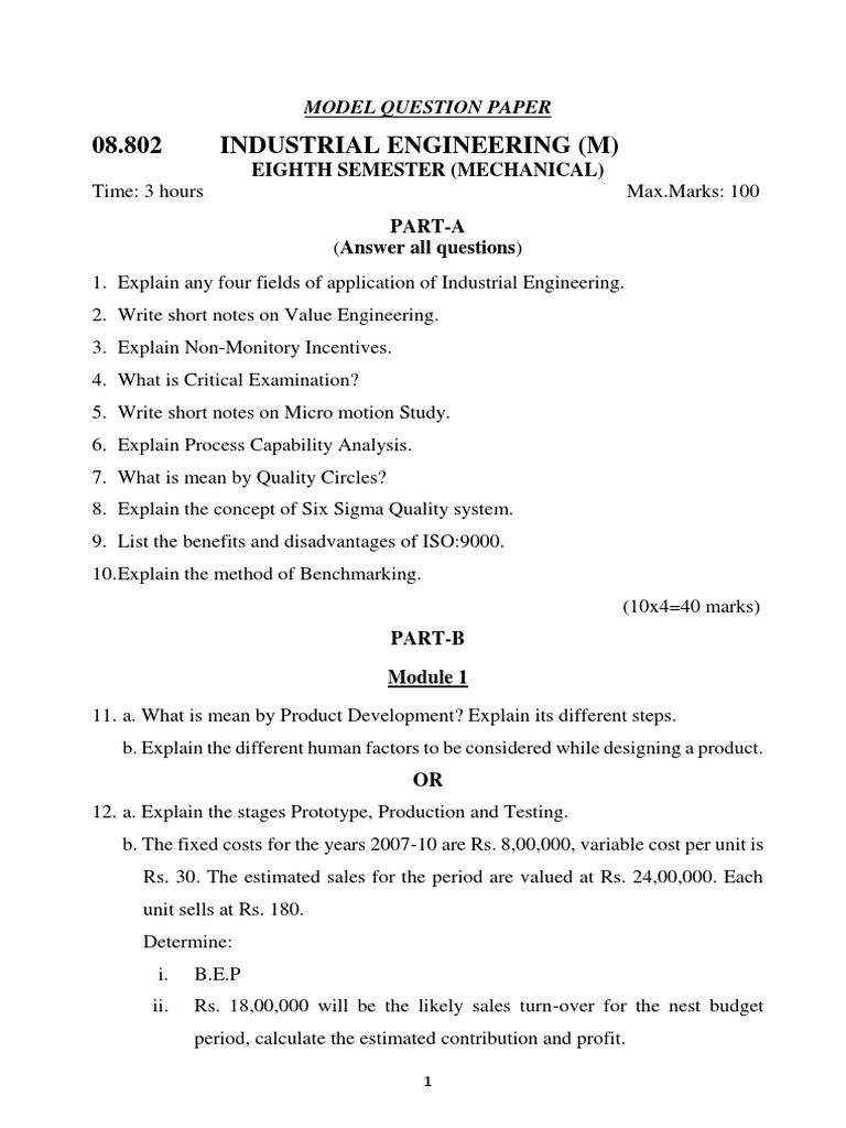 Industrial Engineering Model Question Paper | PDF | Industrial ...