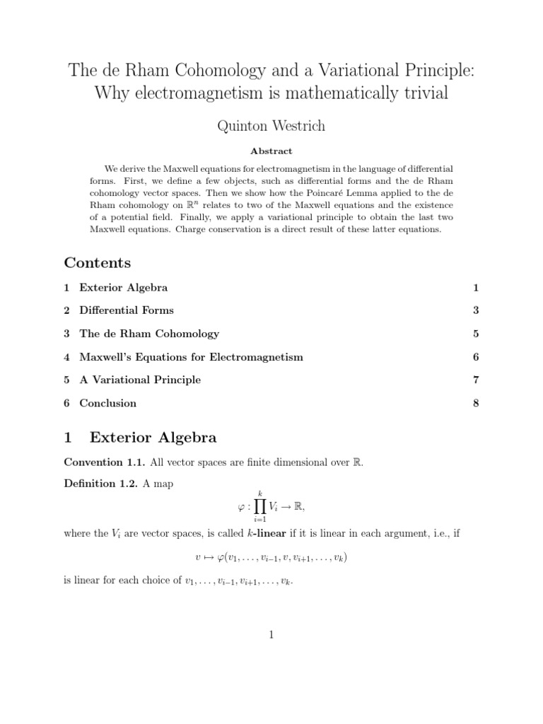 De Rham Cohomology and A Variational Principle: Why Electromagnetism Is ...