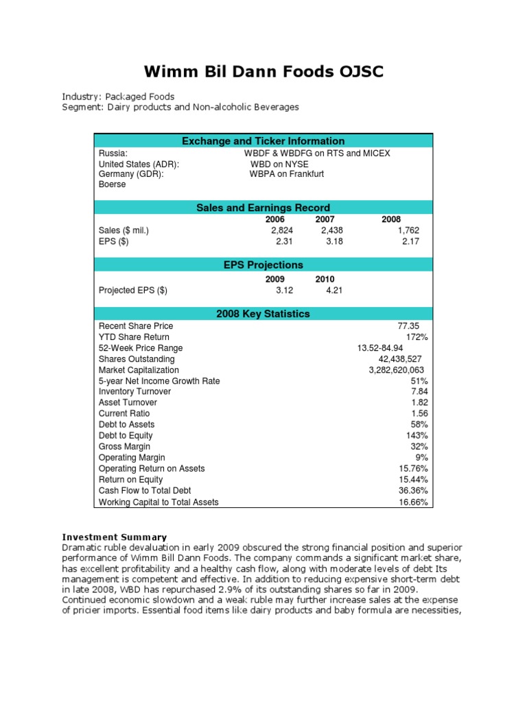 Wimm-Bill-Dann Foods investment report | Working Capital | Leverage ...