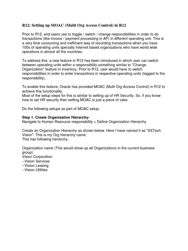 R12: Setting Up MOAC (Multi Org Access Control) in R12: Step 1. Create Organization Hierarchy | PDF