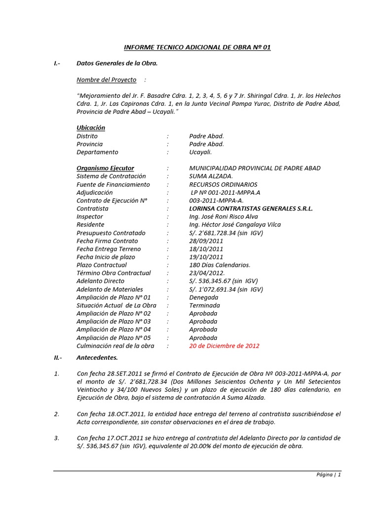Informe Tecnico Adicional de Obra #01 - PAMPAS | PDF | Presupuesto | Información del gobierno