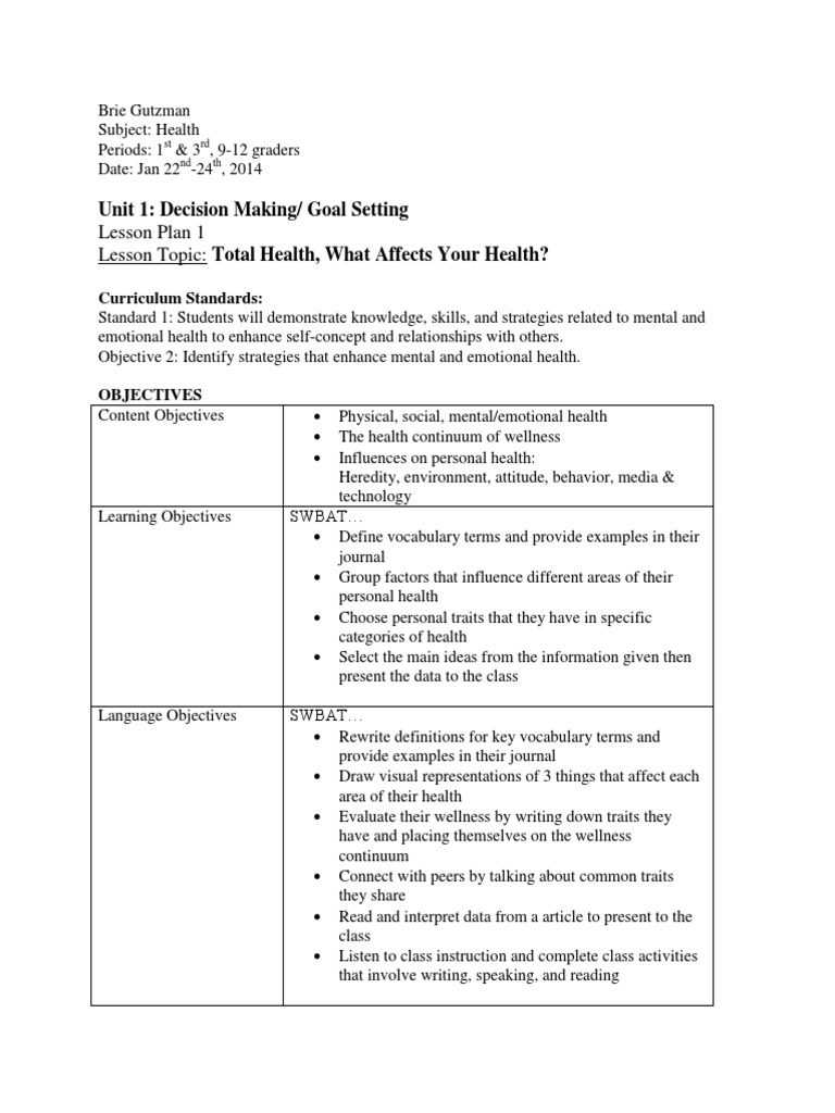 Health Education Lesson Plan Overview | PDF | Lesson Plan | Homework
