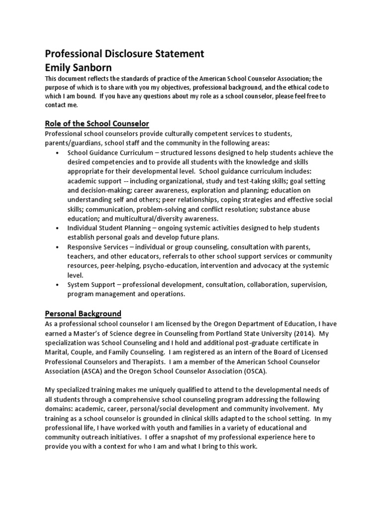 Professional Disclosure Statement for Counselors | PDF | School ...