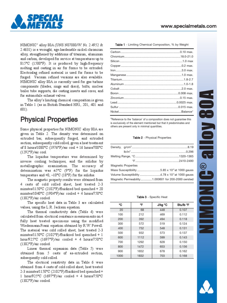 Nimonic Alloy 80A | PDF | Heat Treating | Annealing (Metallurgy)