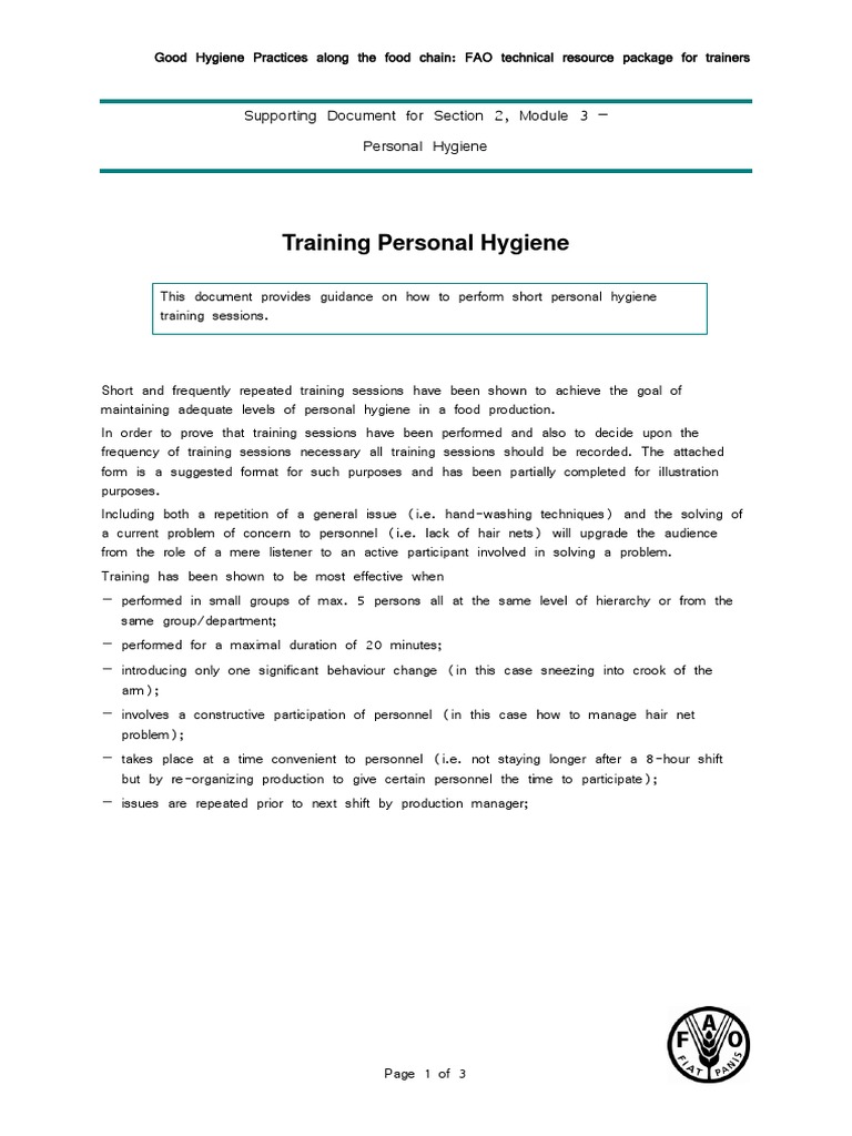 Training Personal Hygiene | PDF | Hygiene | Food Safety