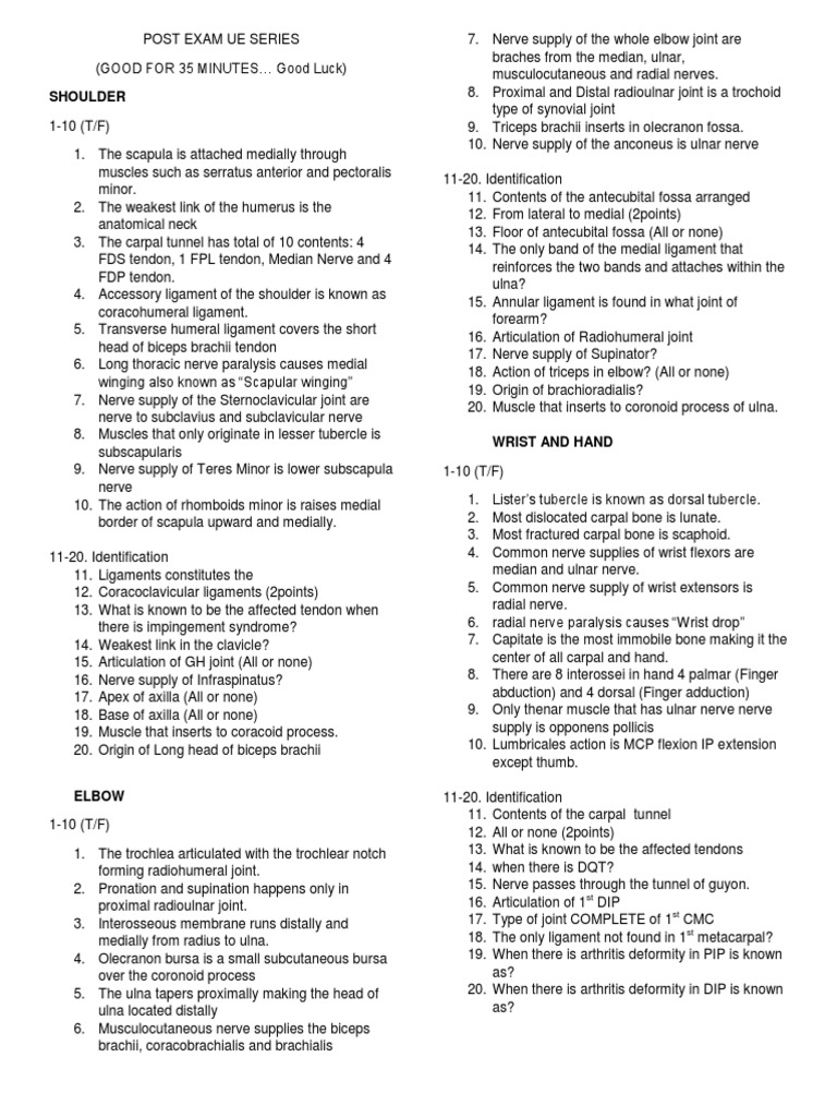 Upper Extremity Summary Exam | Hand | Elbow