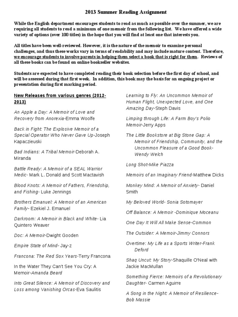 2013 Summer Reading Assignment: Kapaczieuski | PDF