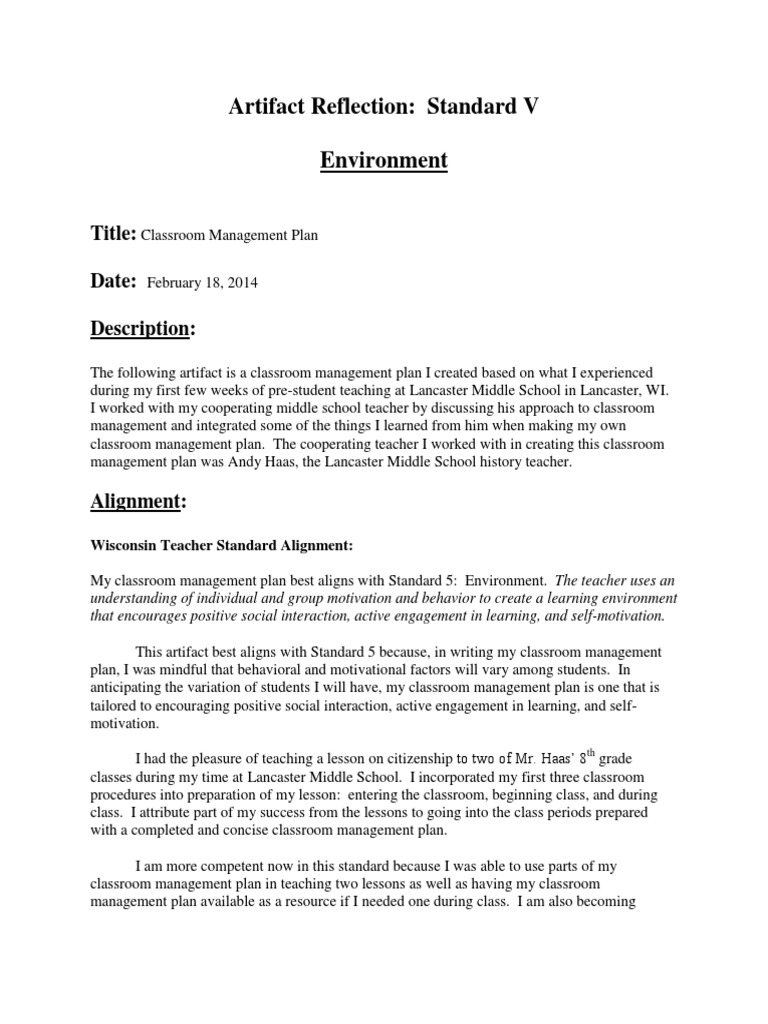 Standard 5 Artifact Reflection | PDF | Classroom Management | Teachers