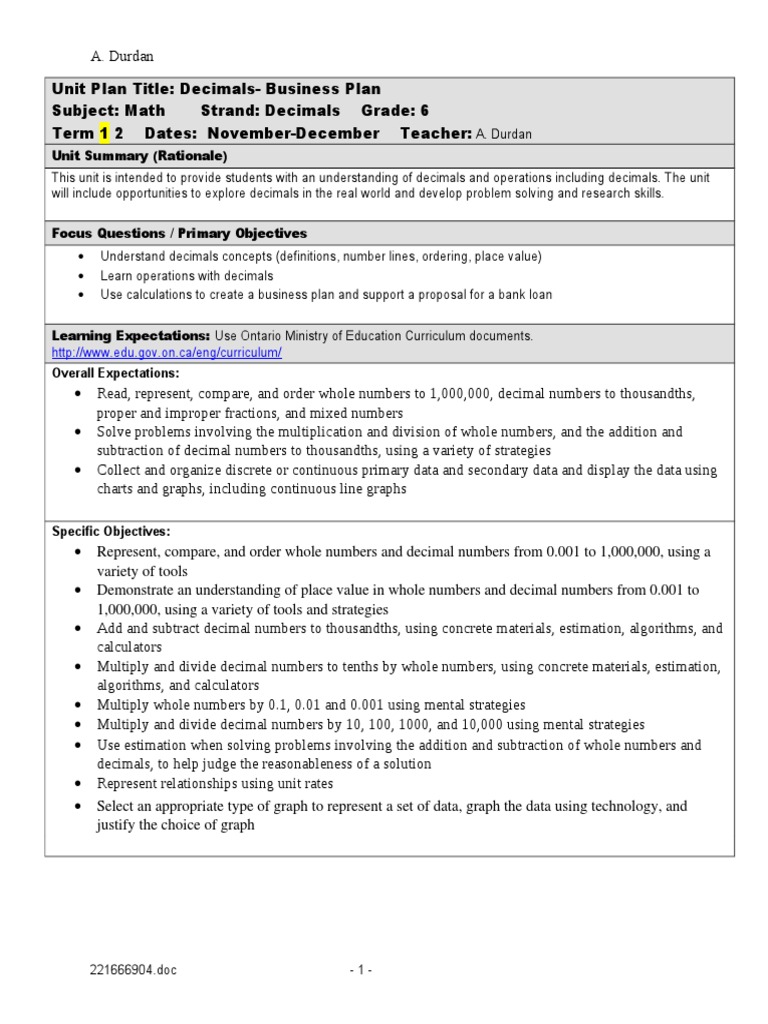 14 Decimals Unit Plan | PDF | Teaching Mathematics | Knowledge