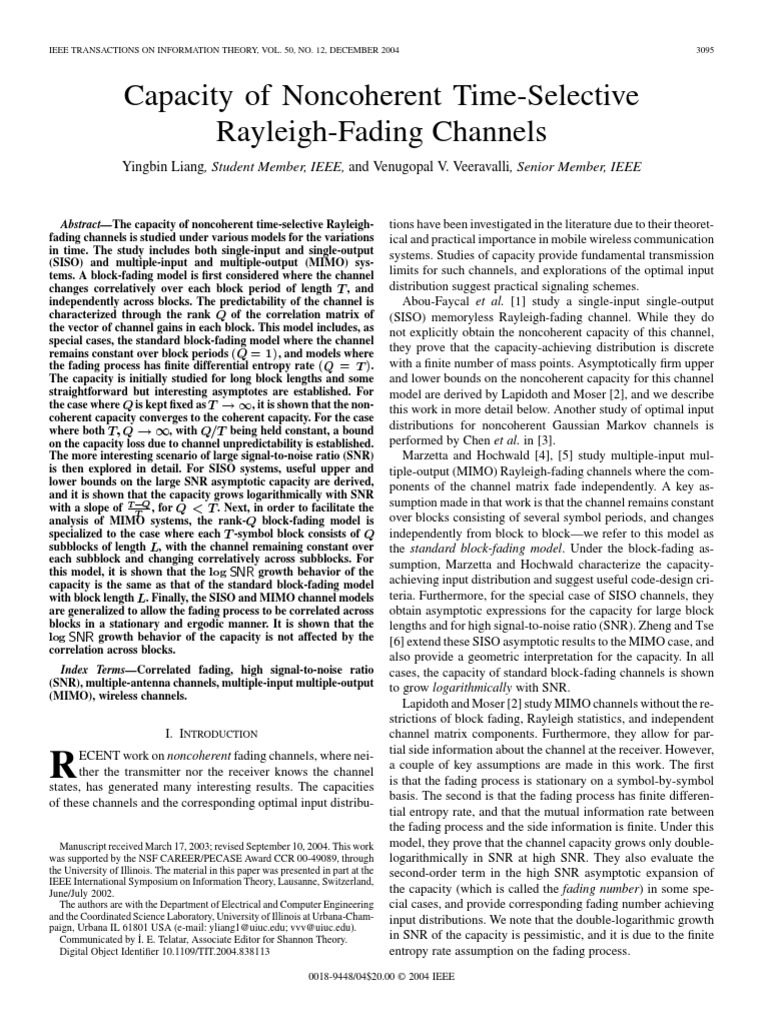 Capacity of Noncoherent Time-Selective Rayleigh-Fading Channels | PDF ...