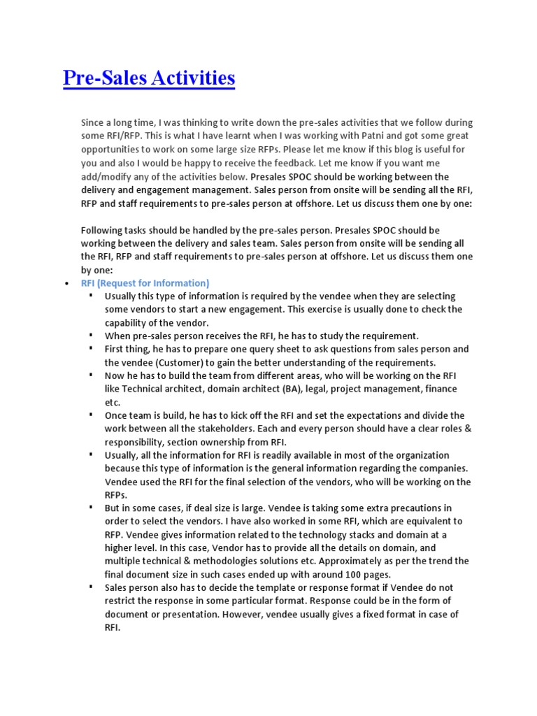 Pre Sales Activities | PDF | Request For Proposal | Production And ...