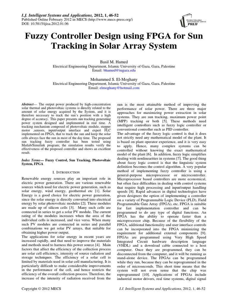 Fuzzy Controller Design Using FPGA For Sun Tracking in Solar Array System | PDF | Field ...
