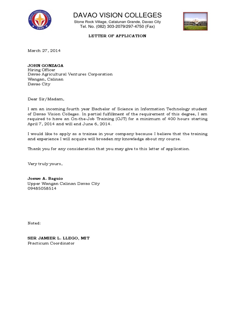 OJT Application Letter for IT Student | PDF | Career & Growth