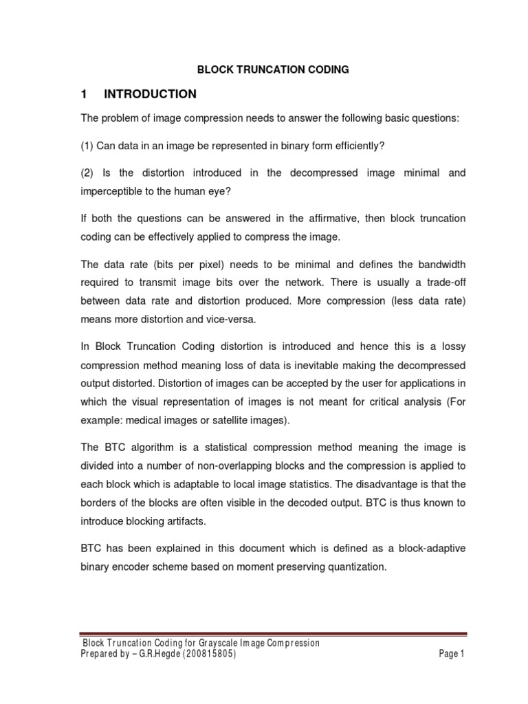 Block Truncation Coding: Block Truncation Coding For Grayscale Image Compression Prepared by - G ...