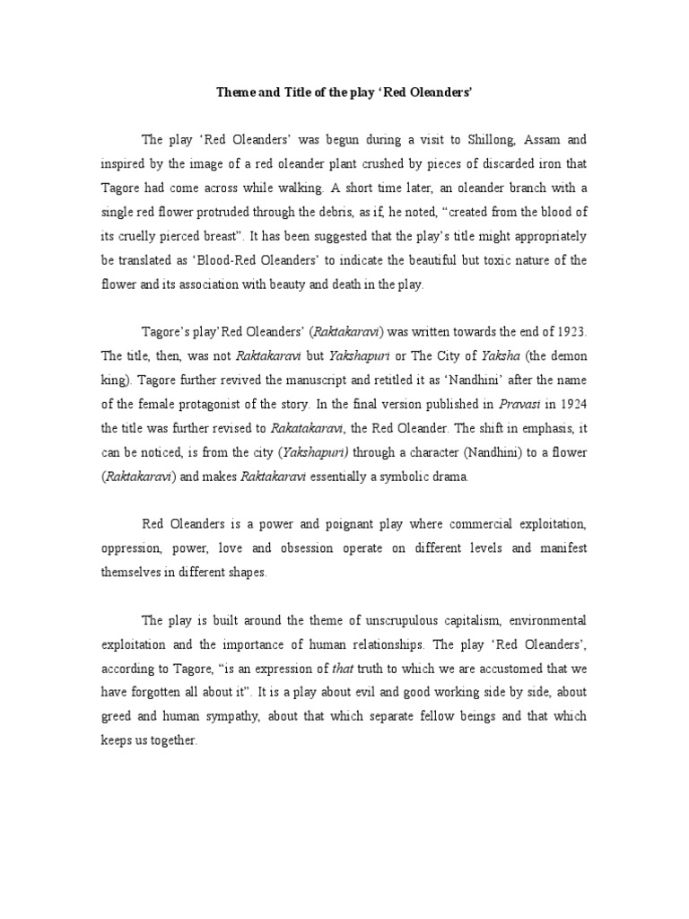 Theme of oppression and freedom in Tagore's play 'Red Oleanders | PDF ...