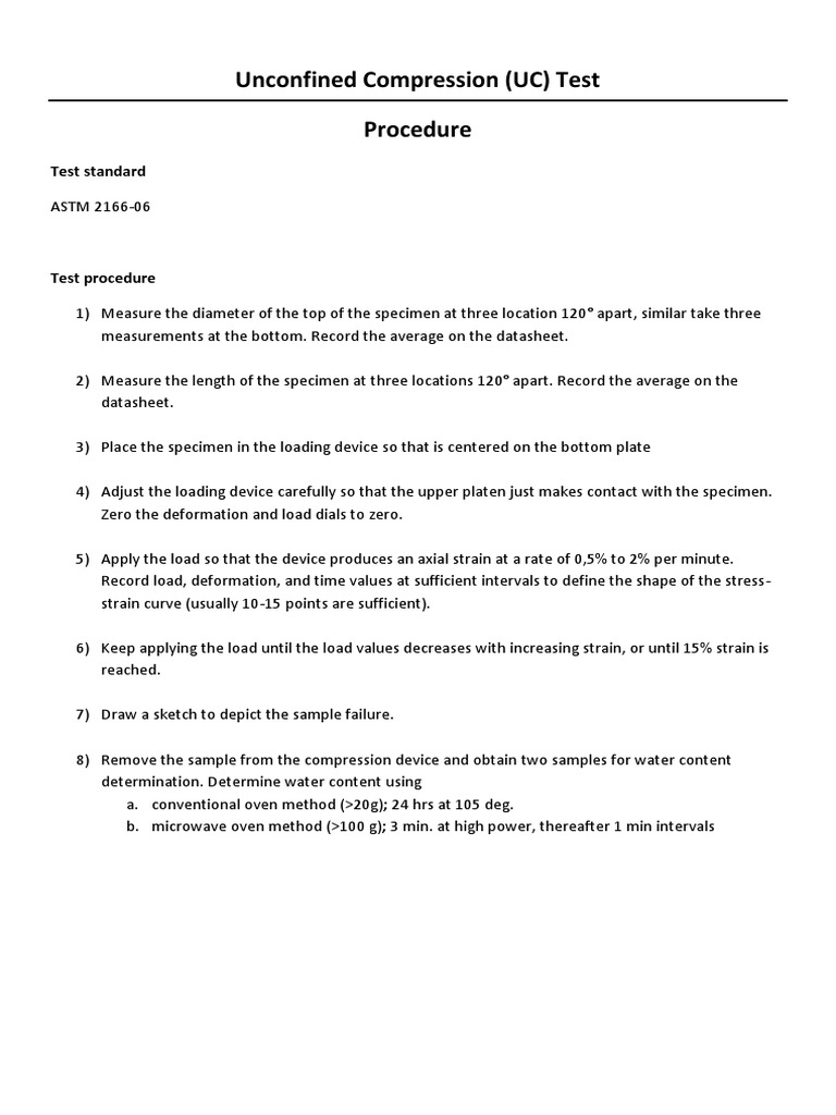 Unconfined Compression Test - Procedure and Data Sheet | PDF ...