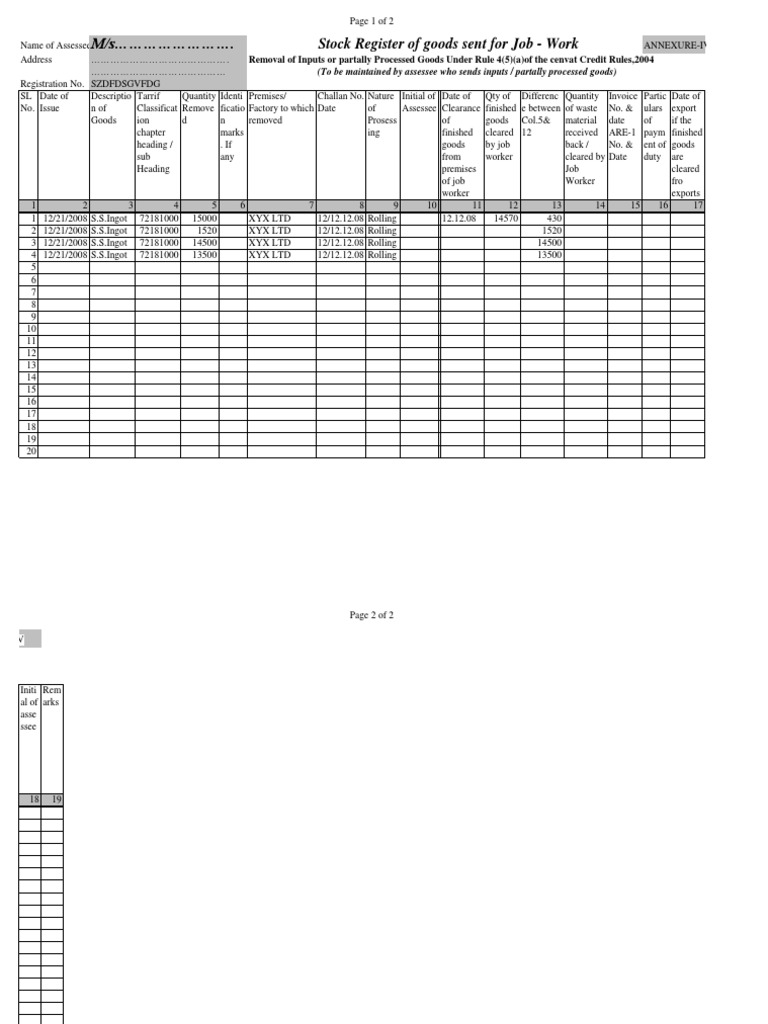 Job Work Register Format | PDF | Computers