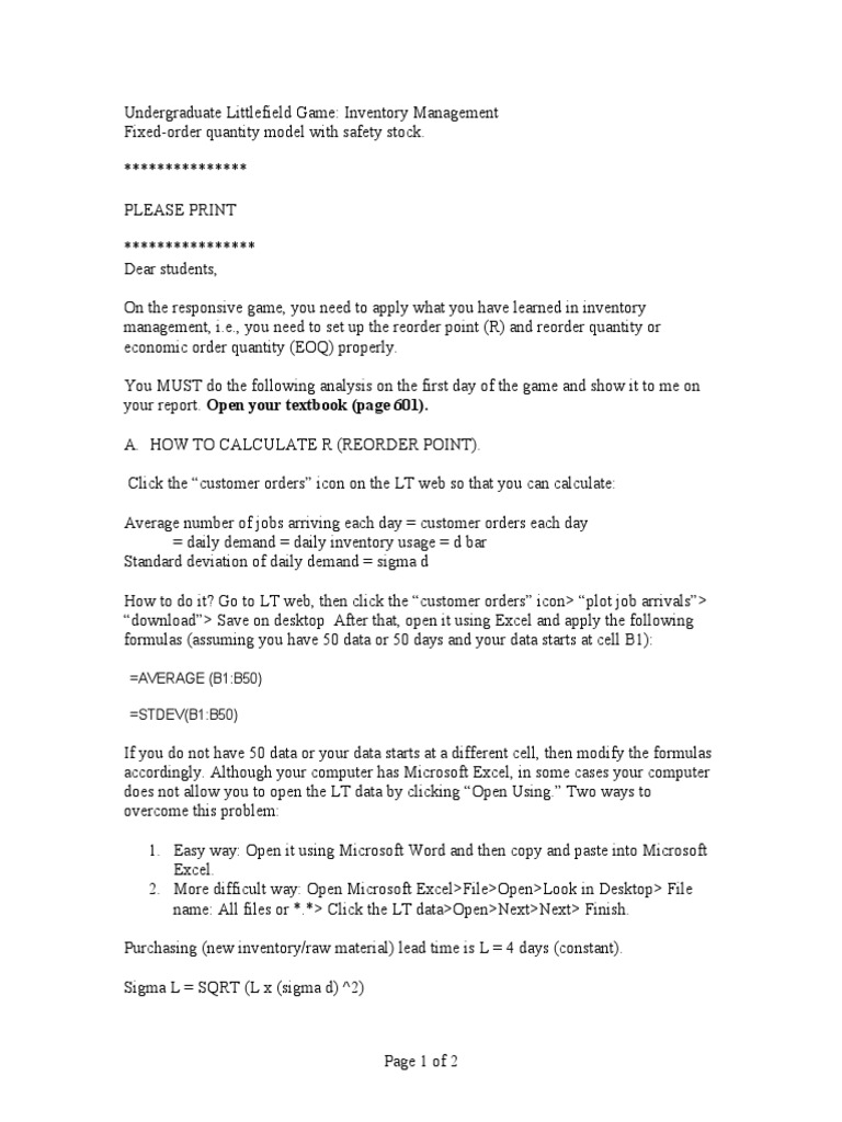 Littlefield Game - Ug.inventory | PDF | Global Business Organization ...