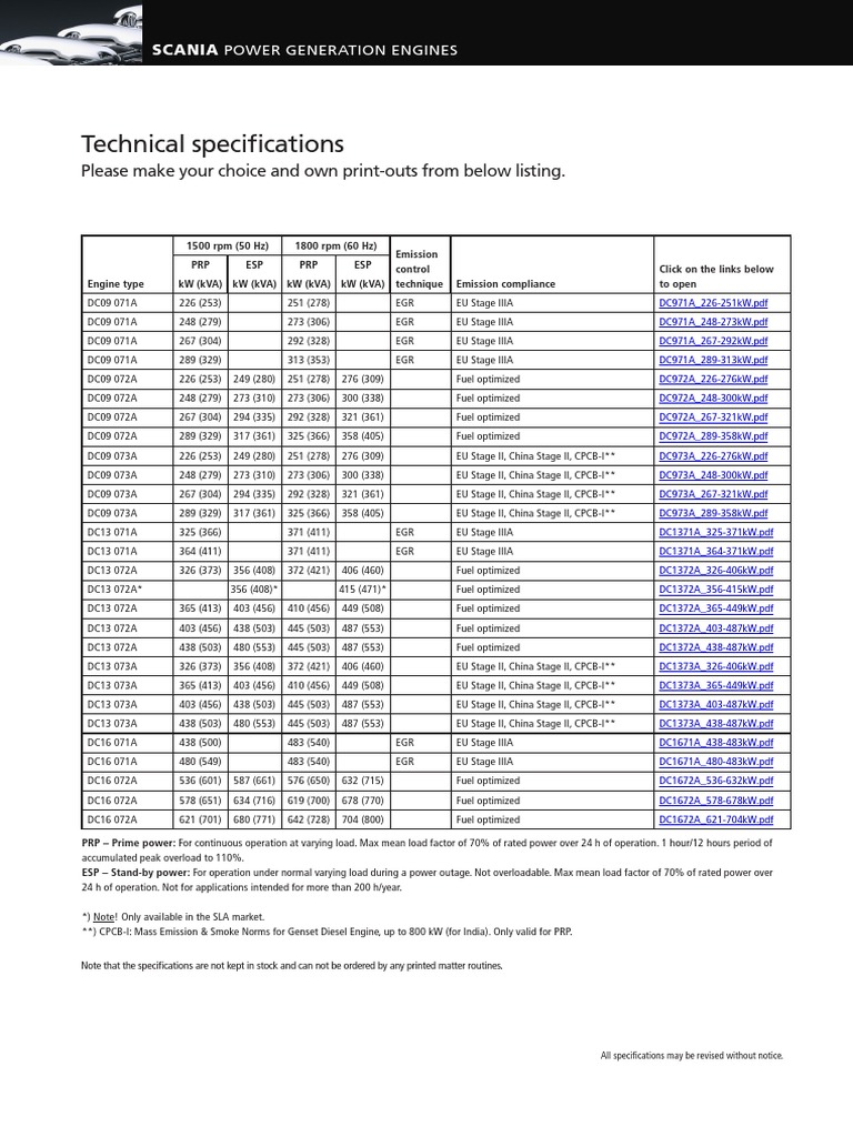 Scania Power Generation engines technical specifications | PDF ...