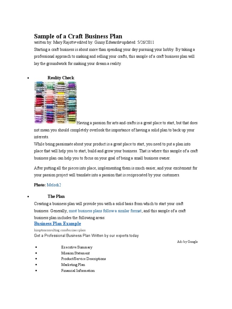 Craft Business Plan Sample Guide | PDF | Market (Economics) | Marketing