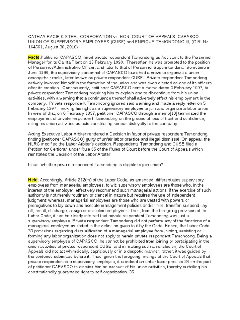 Cathay Pacific Steel Corp. Vs CA Case Digest | PDF | Unfair Labor ...