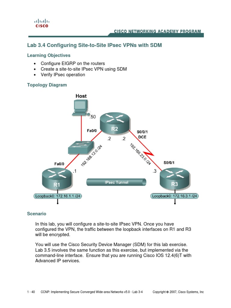 Lab 3.4 Configuring Site-To-Site Ipsec Vpns With SDM: Learning Objectives | PDF | Virtual ...