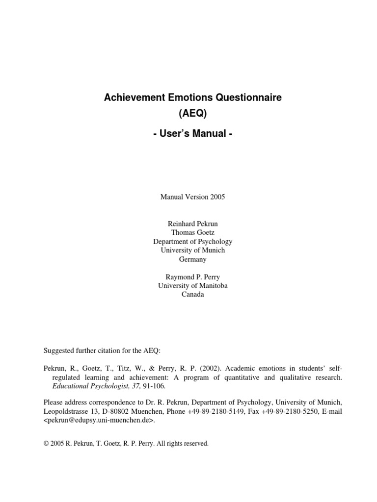 2005 AEQ Manual | PDF | Affect (Psychology) | Emotions