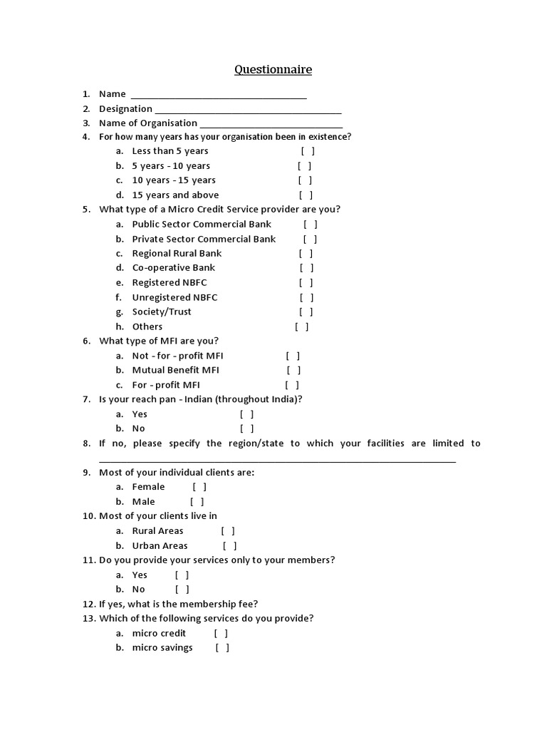 Final Questionnaire | Microcredit | Loans | Free 30-day Trial | Scribd