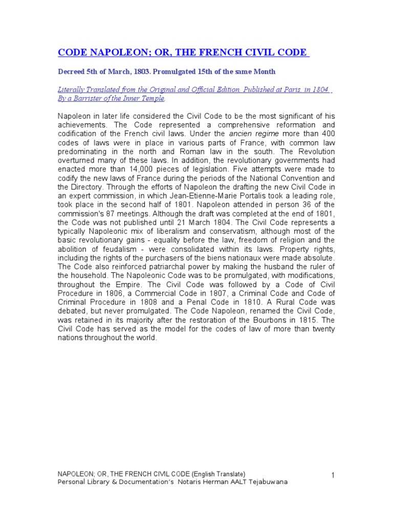 Code Napoleon or The French Civil Code. (Kuhperdata Perancis) - English ...