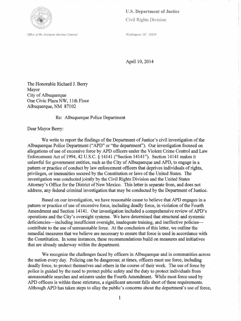 U.S. Department of Justice Findings Letter of Albuquerque Police ...