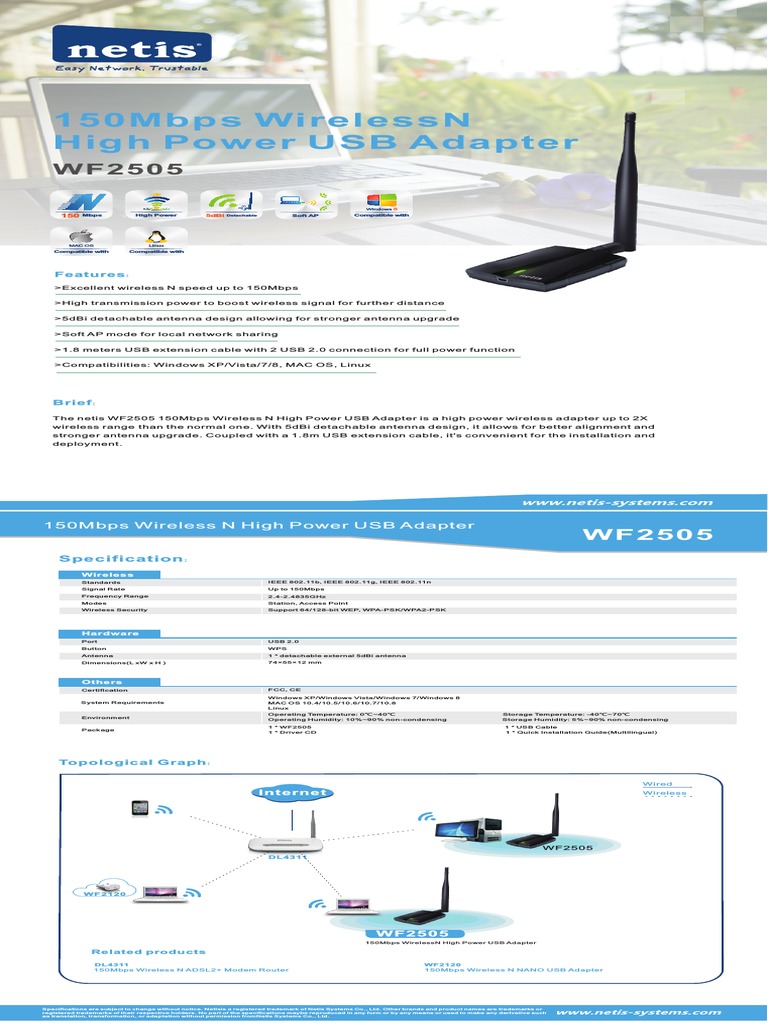 Netis WF2505 Datasheet V1.0 | PDF | Wi Fi | Usb