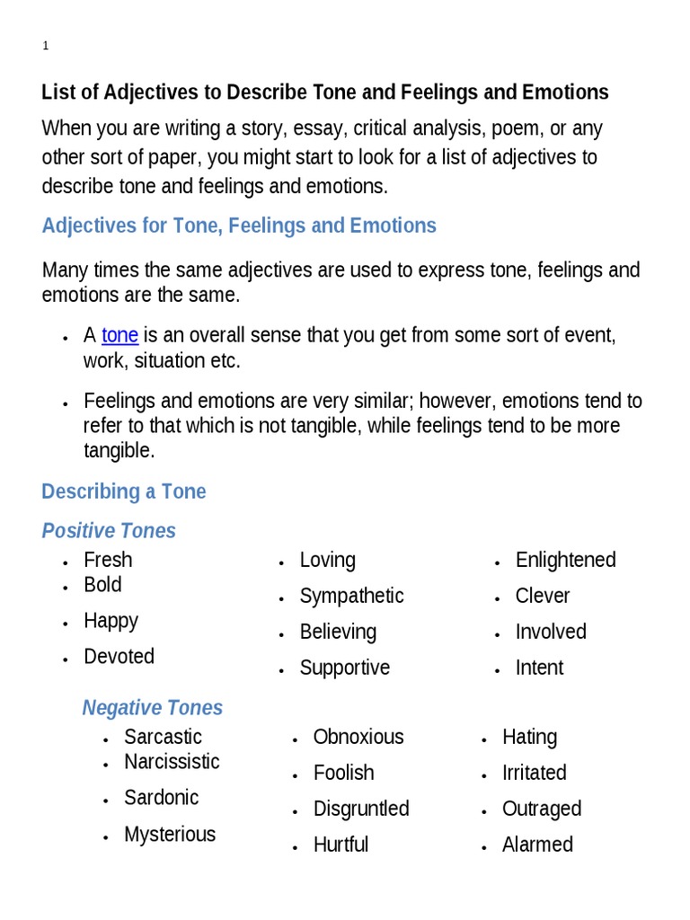 List of Adjectives to Describe Tone and Feelings and Emotions
